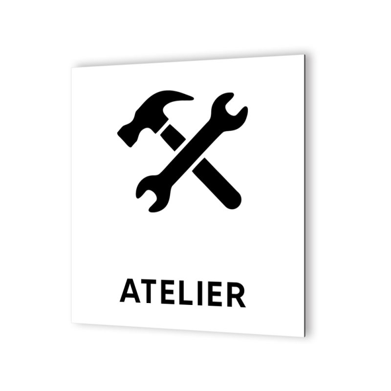 Panneau signalétique en dibond avec fixation · Modèle Atelier