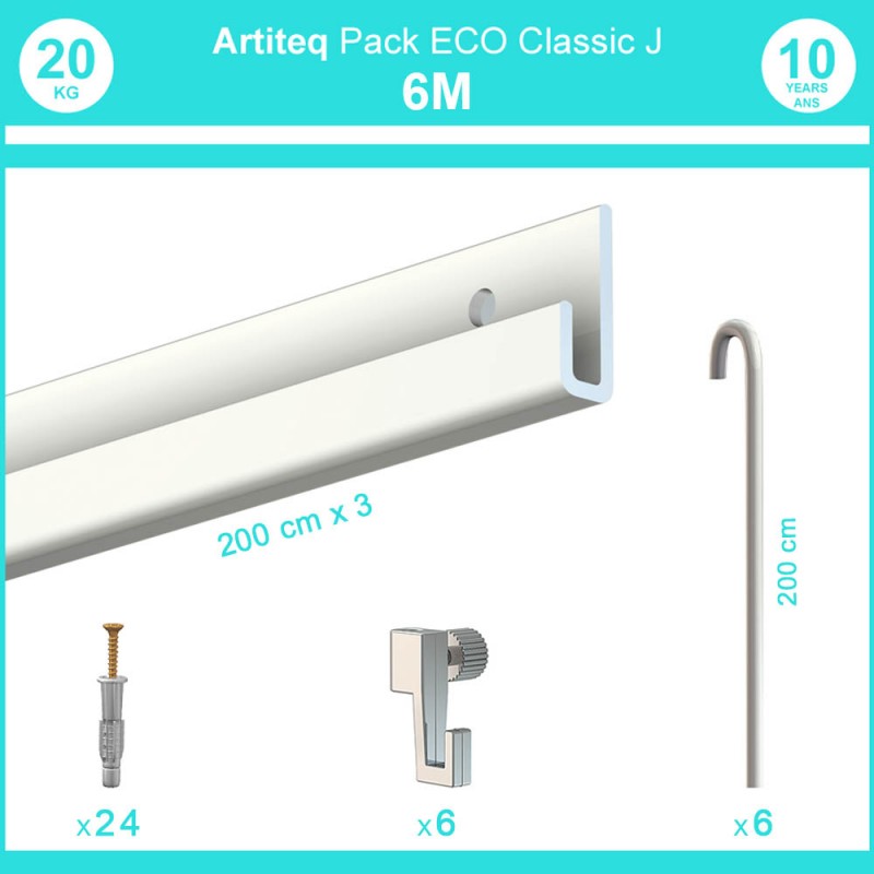 Pack 6 mètres cimaise Classic J avec tiges couleur Blanc laqué Artiteq ...